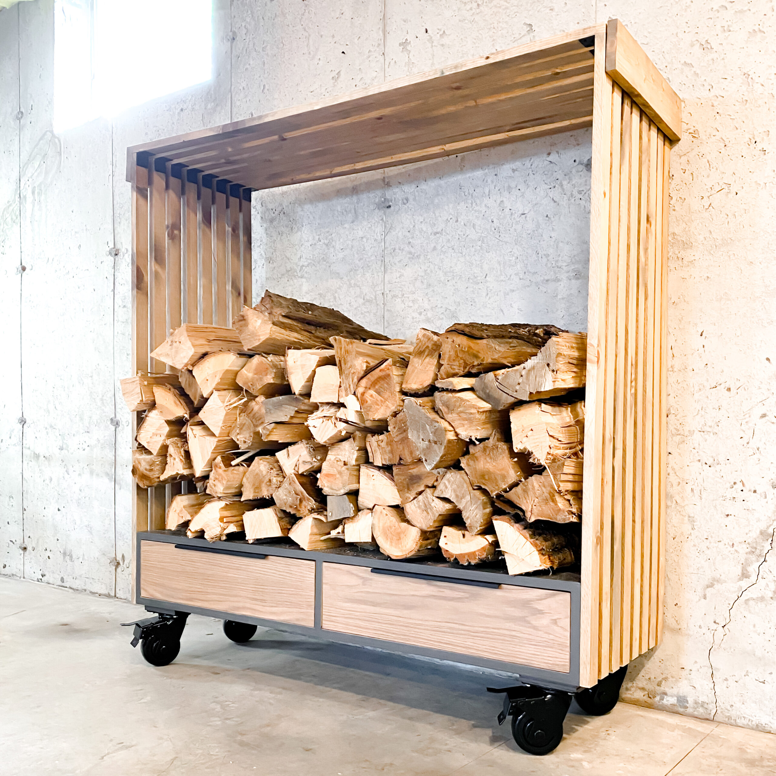 Indoor Rolling Firewood Rack with Storage Drawers - The Happy Glamper ...